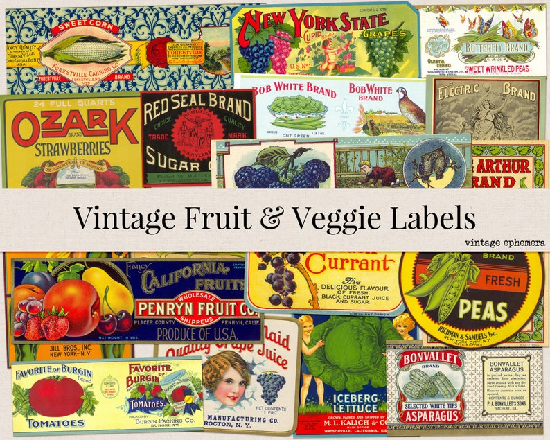 Digital - Vintage Fruit & Veggie Labels - Printable Ephemera for ...