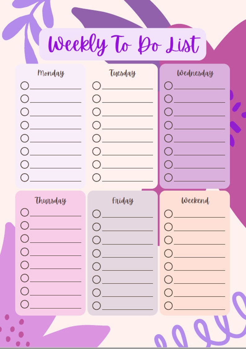 Weekly to Do List, Weekly Planner Pdf, Weekly Checklist, Daily ...
