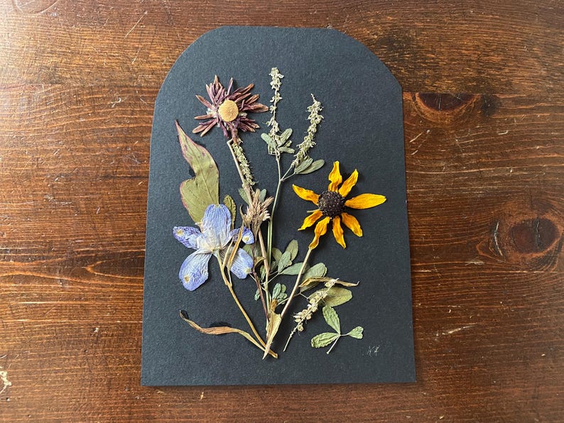 Framed Pressed Flower Art - Real Flowers on Black Paper in Gold Arch ...