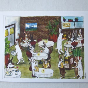 At the Restaurant - Fine Art Print - Rabbit Art Illustration, Cafe Art ...