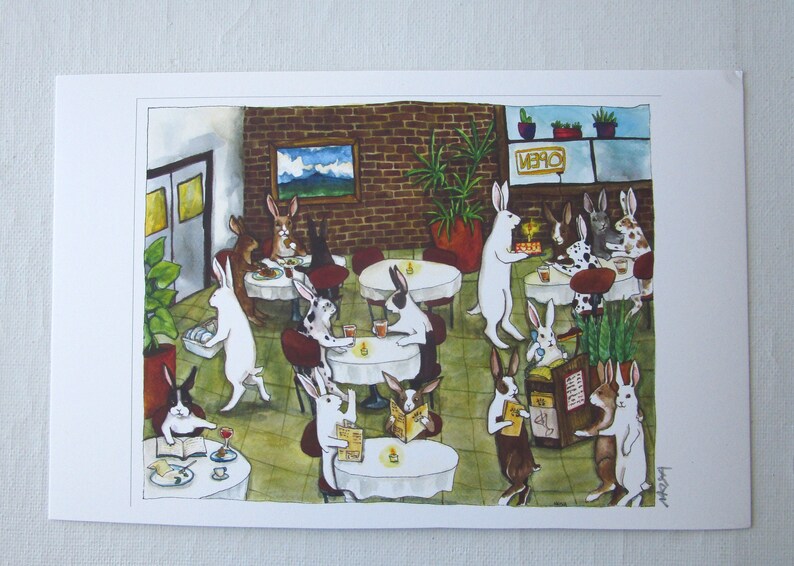 At the Restaurant - Fine Art Print - Rabbit Art Illustration, Cafe Art ...