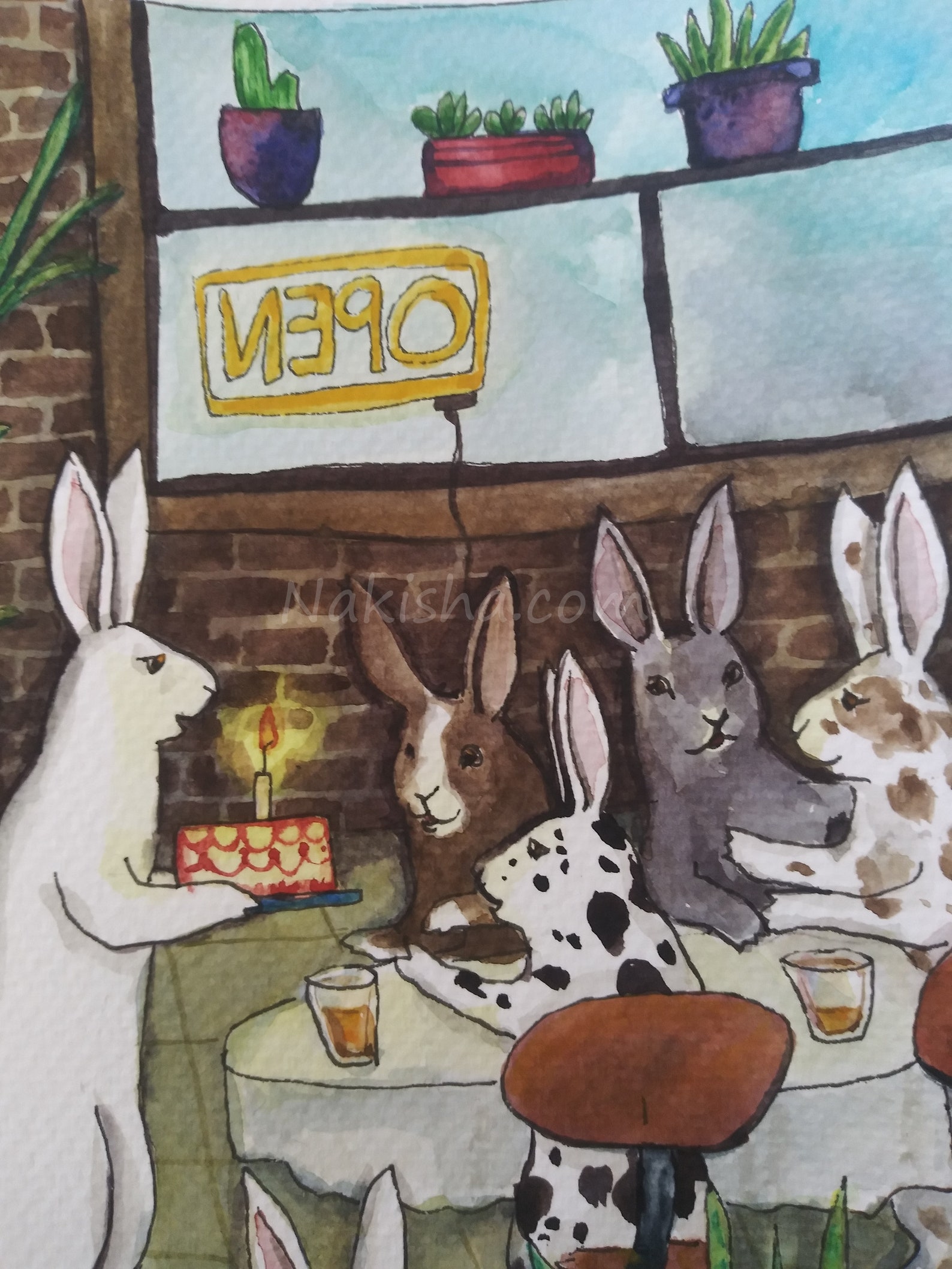 At the Restaurant - Fine Art Print - Rabbit Art Illustration, Cafe Art ...