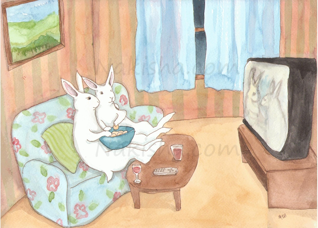 Our TV Movie Night - Fine Art Print - Cute Rabbits Watching a Movie on ...