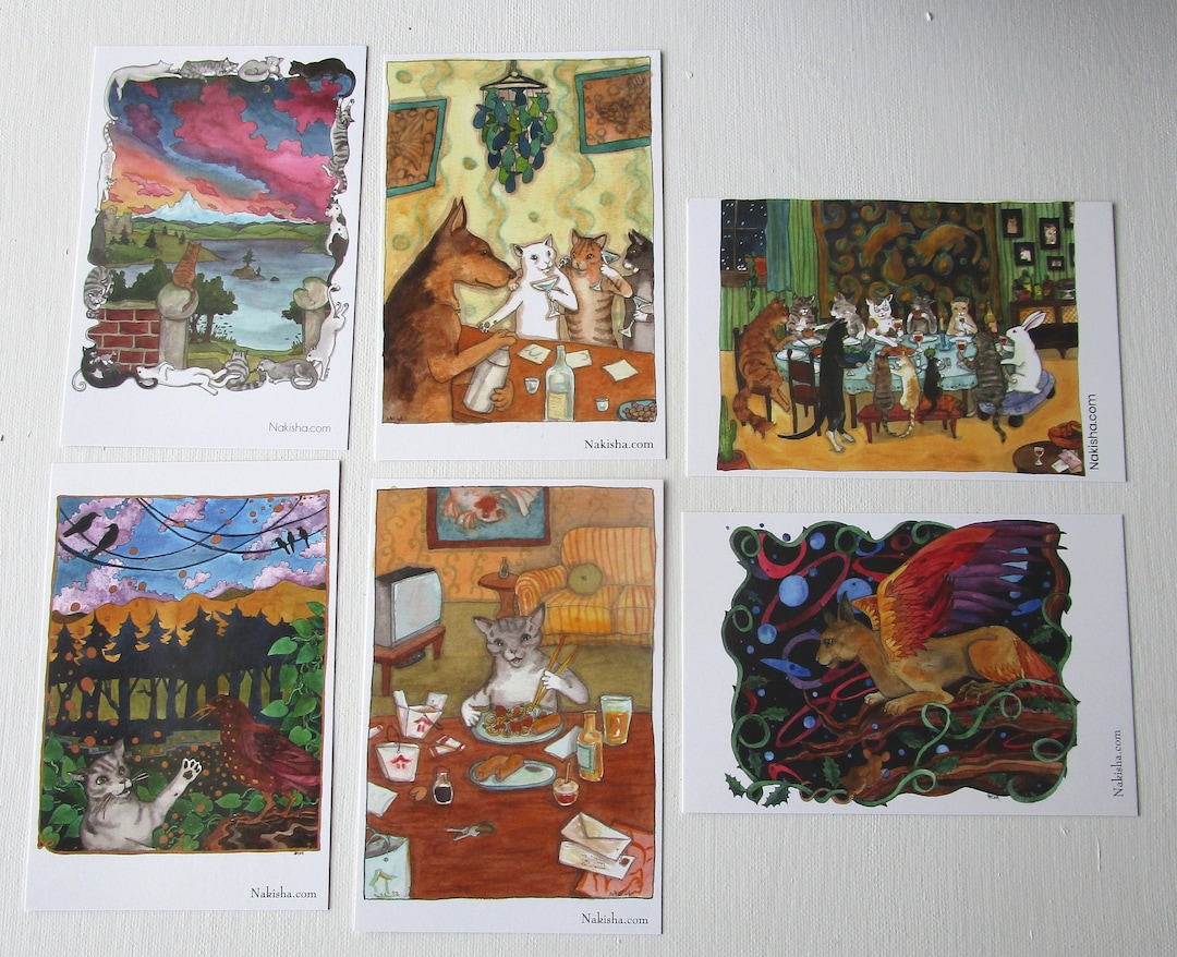 Cat Art Postcard Sets - 6 Art Postcards, Cute Animal Art Cards ...
