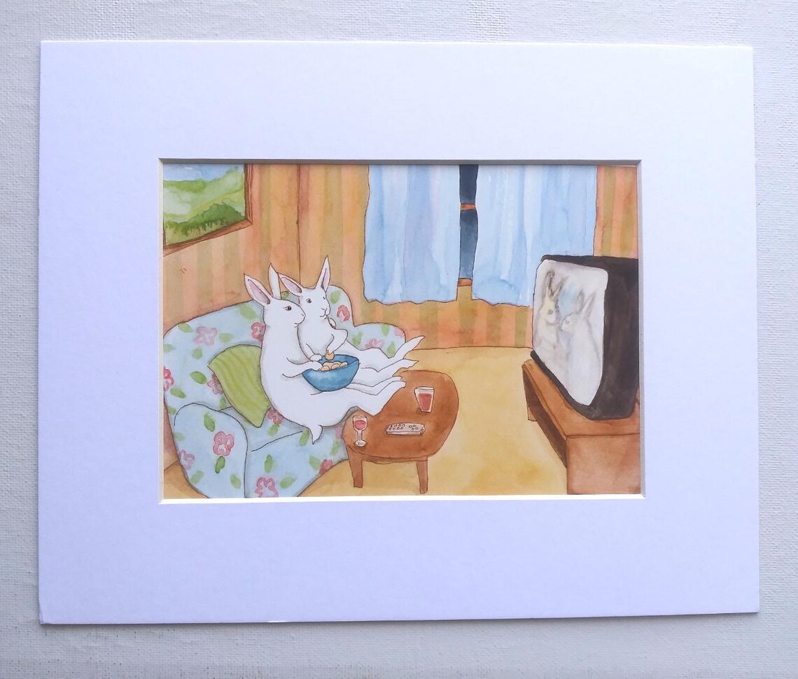 Our TV Movie Night - Fine Art Print - Cute Rabbits Watching a Movie on ...