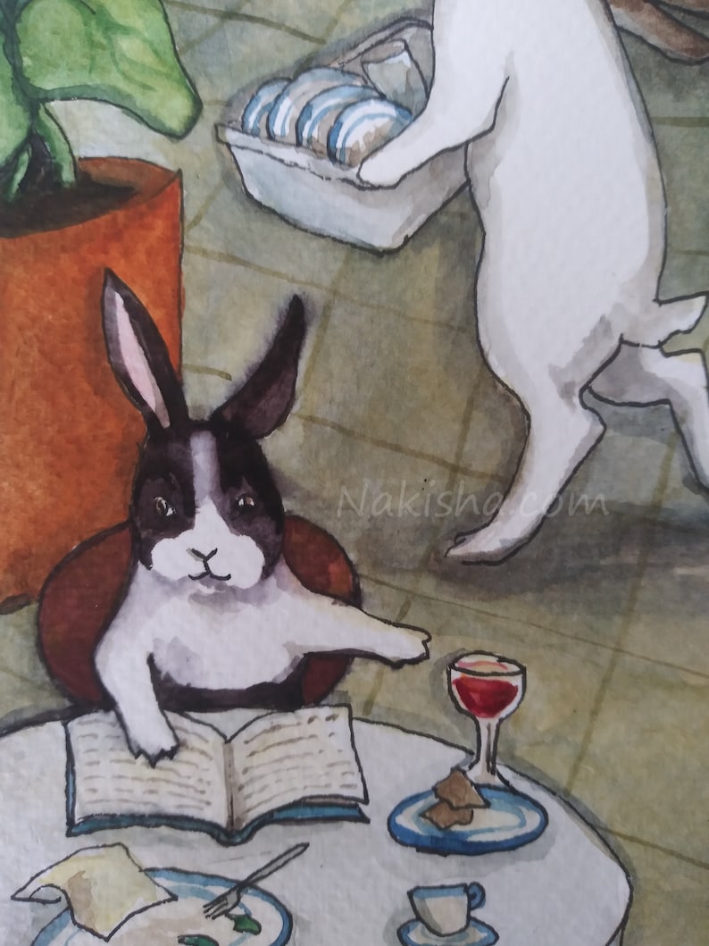 At the Restaurant - Fine Art Print - Rabbit Art Illustration, Cafe Art ...