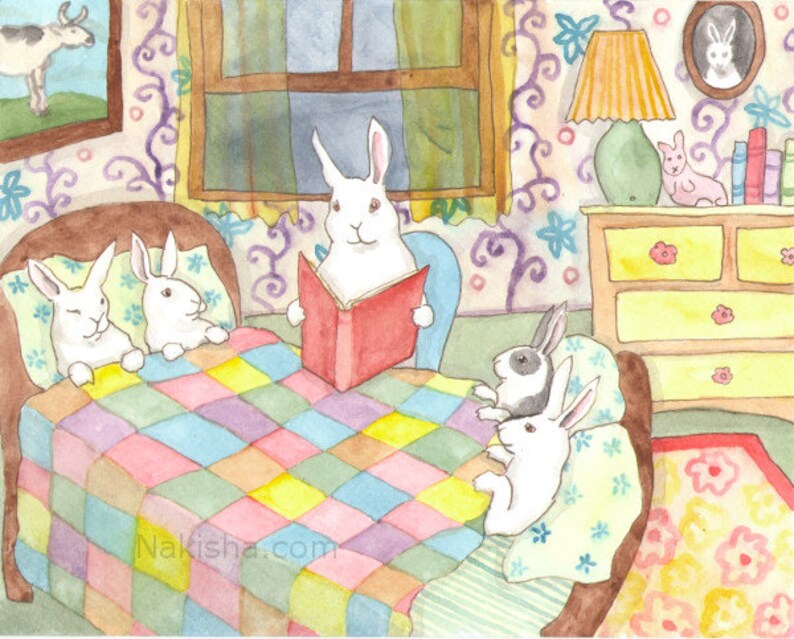 Bed Time Story - Fine Art Print - Cute Rabbits From Original Watercolor ...