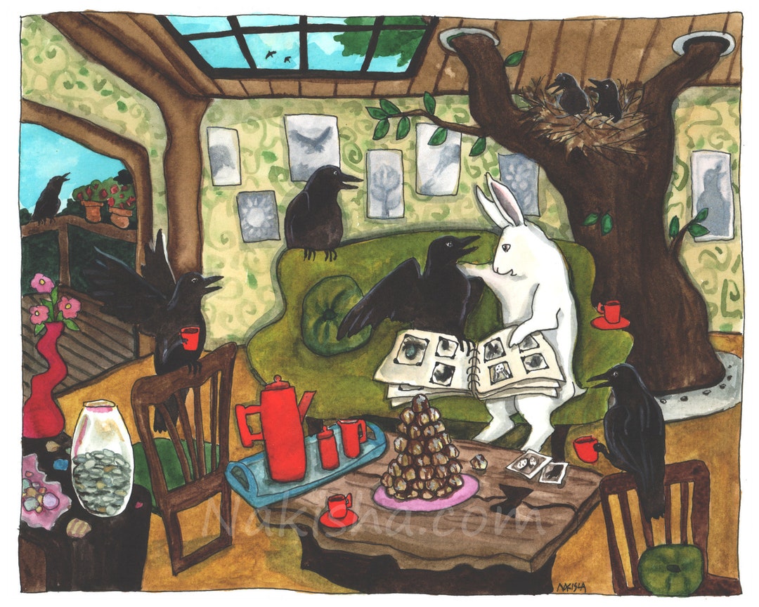 Tea With Crows - Fine Art Print - Rabbit Art Illustration, Cute Crow ...