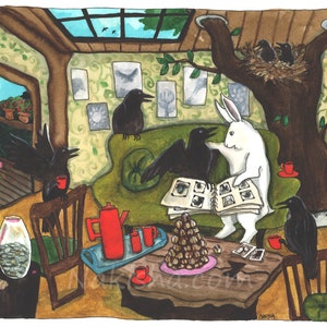 Tea With Crows - Fine Art Print - Rabbit Art Illustration, Cute Crow ...