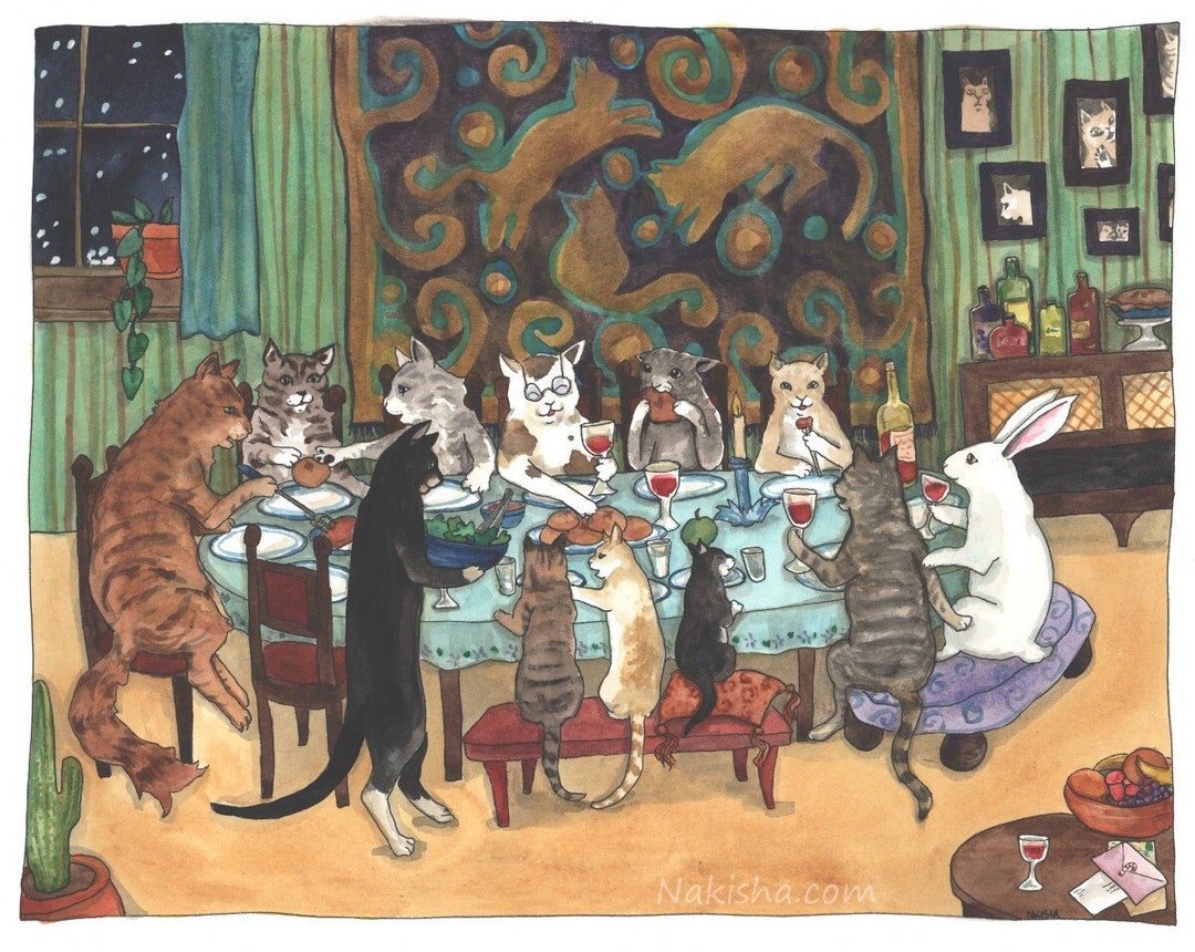 Dinner With The Kitties Archival Fine Art Print Dining Room Wall Art Cat Lovers Print