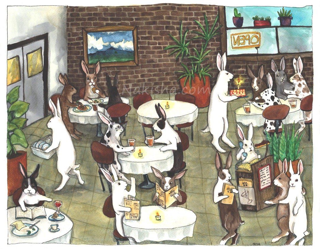 At the Restaurant - Fine Art Print - Rabbit Art Illustration, Cafe Art ...
