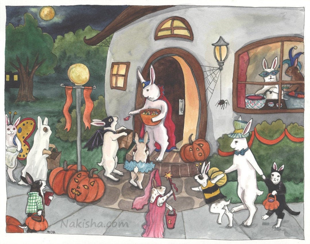 Bunnies' Halloween - Fine Art Print - Rabbit Art, Watercolor ...