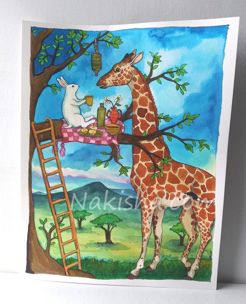 Original Painting - Tea With Giraffe - Watercolor Art, Original Hand ...