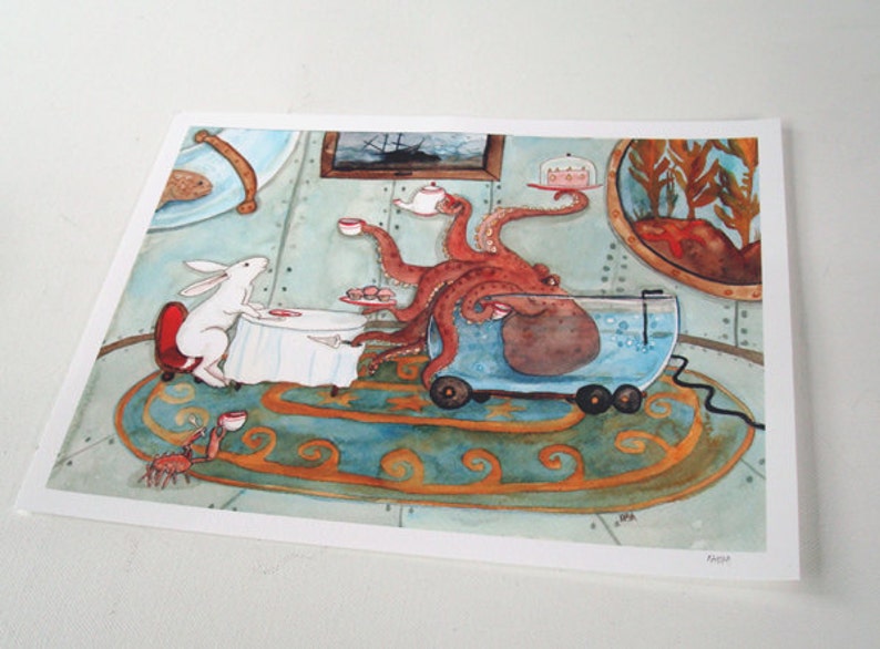 Tea With Octopus Fine Art Rabbit Print - Etsy