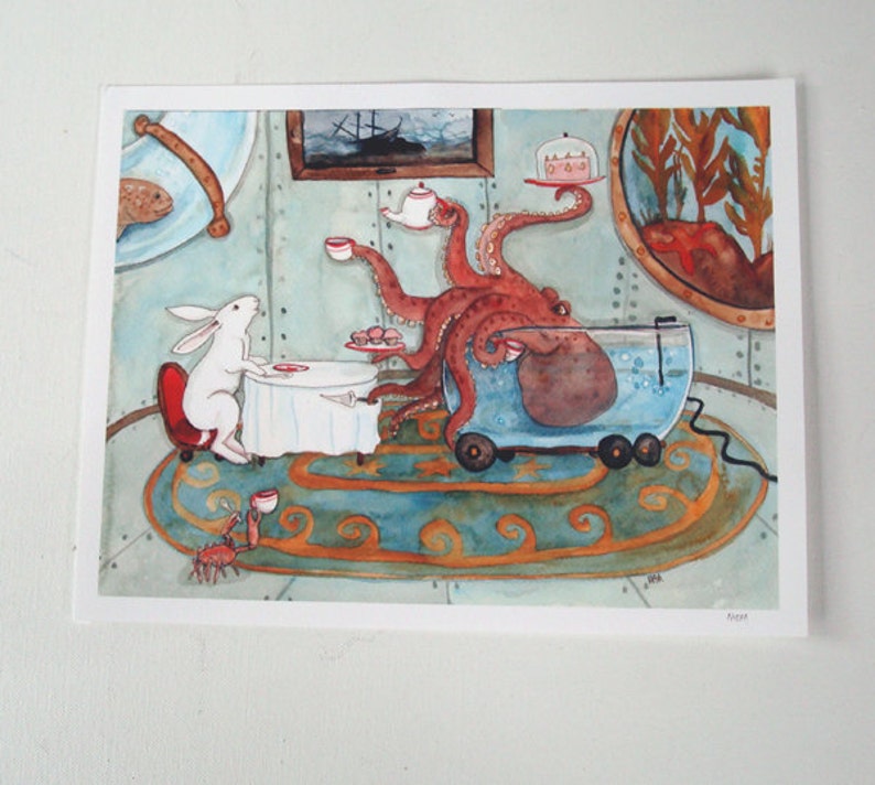 Tea With Octopus Fine Art Rabbit Print - Etsy