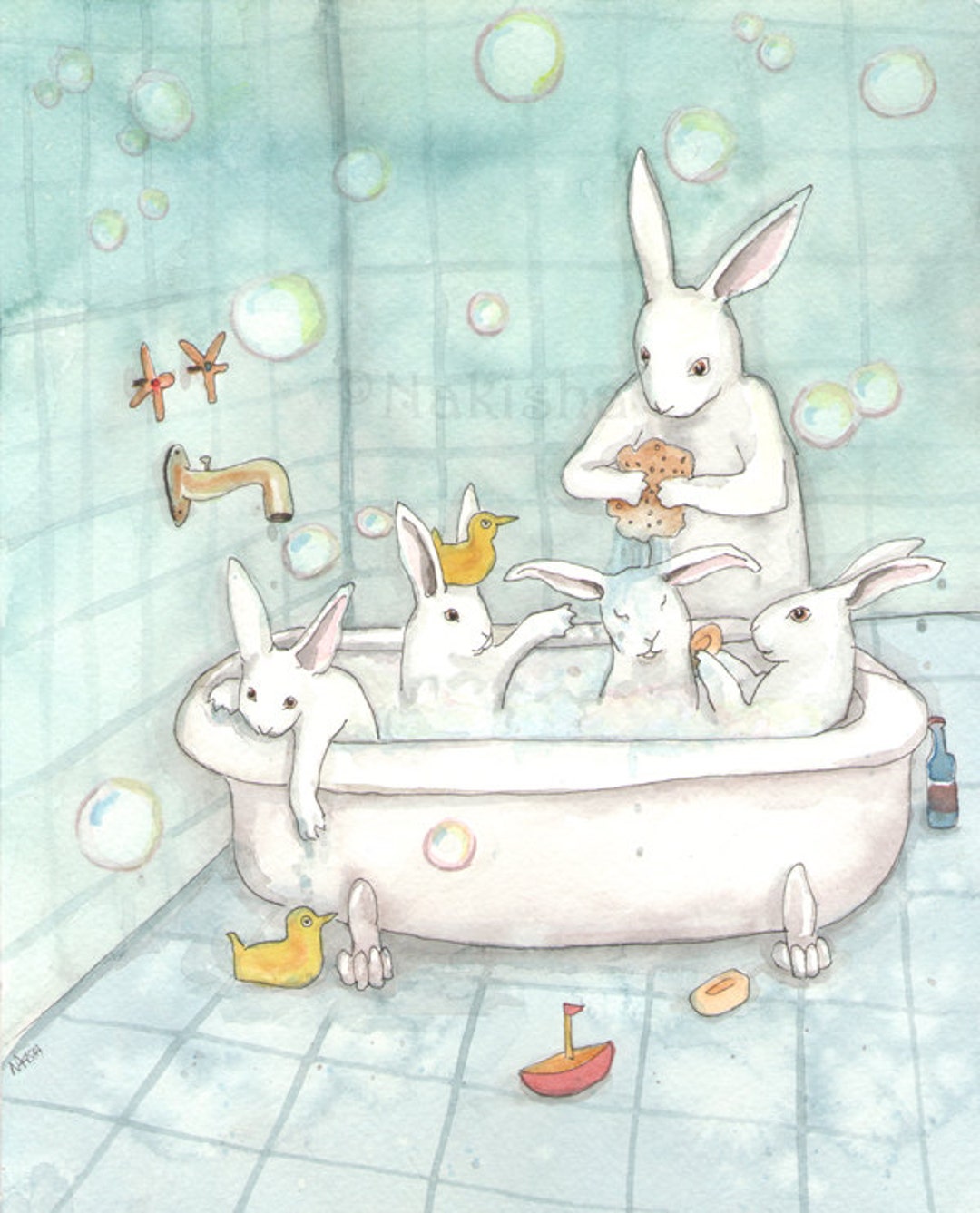 Bath Time - Fine Art Rabbit Print- Animal Wall Art, Cute Bathroom ...