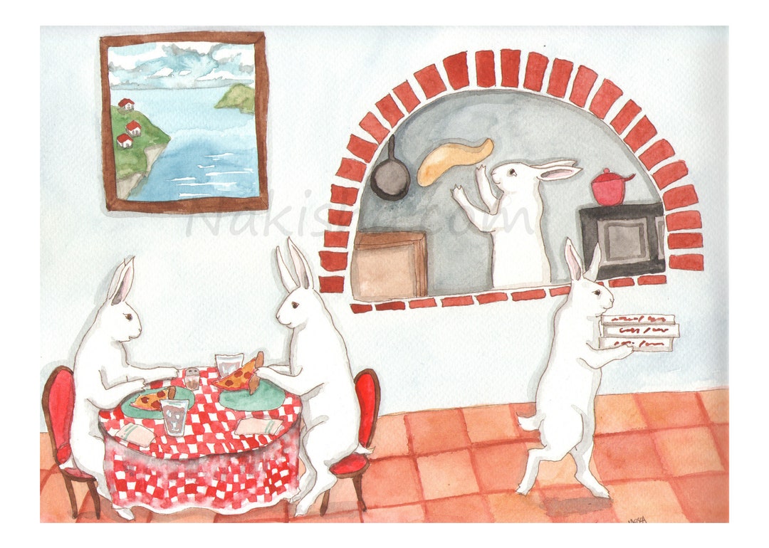 Pizza - Fine Art Rabbit Print- From Original Painting of Bunnies Eating ...