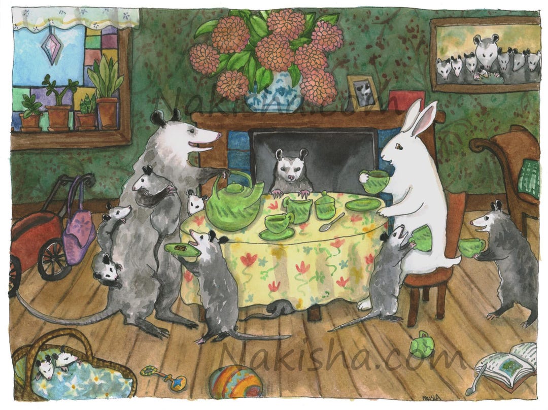 Tea With Opossums - Fine Art Print- Rabbit Illustration From Original ...