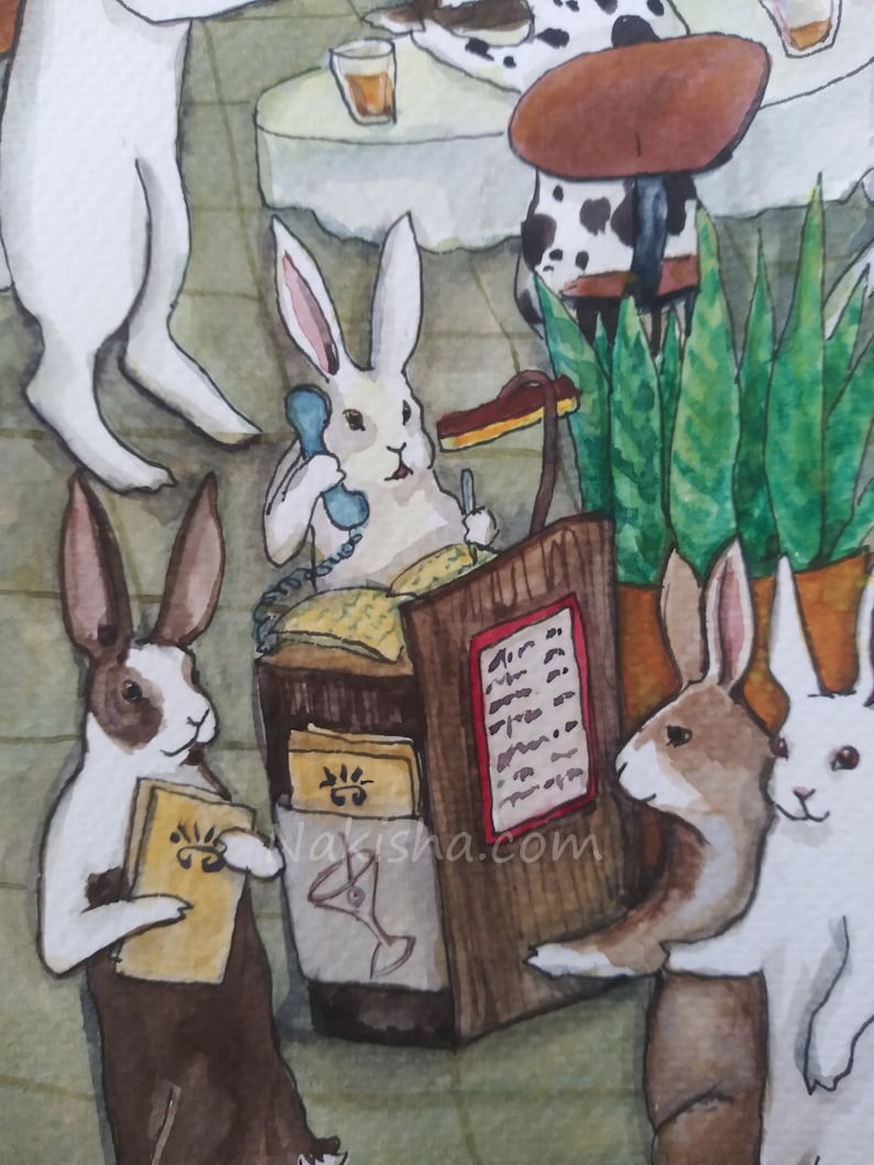 At the Restaurant - Fine Art Print - Rabbit Art Illustration, Cafe Art ...