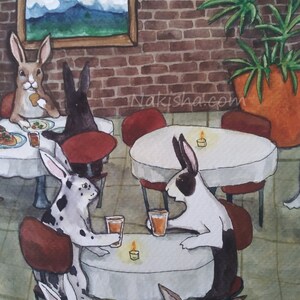 At the Restaurant Fine Art Print Rabbit Art Illustration, Cafe Art ...