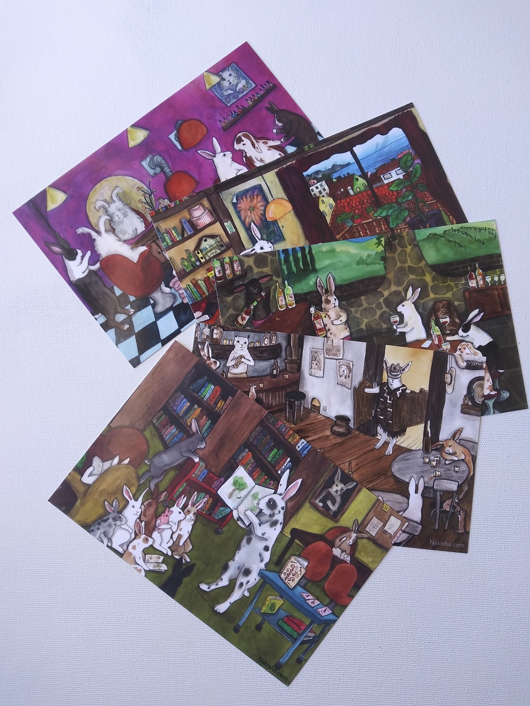 More Bunnies Postcard Sets - 5 Designs of Unique Rabbit Art- Library ...
