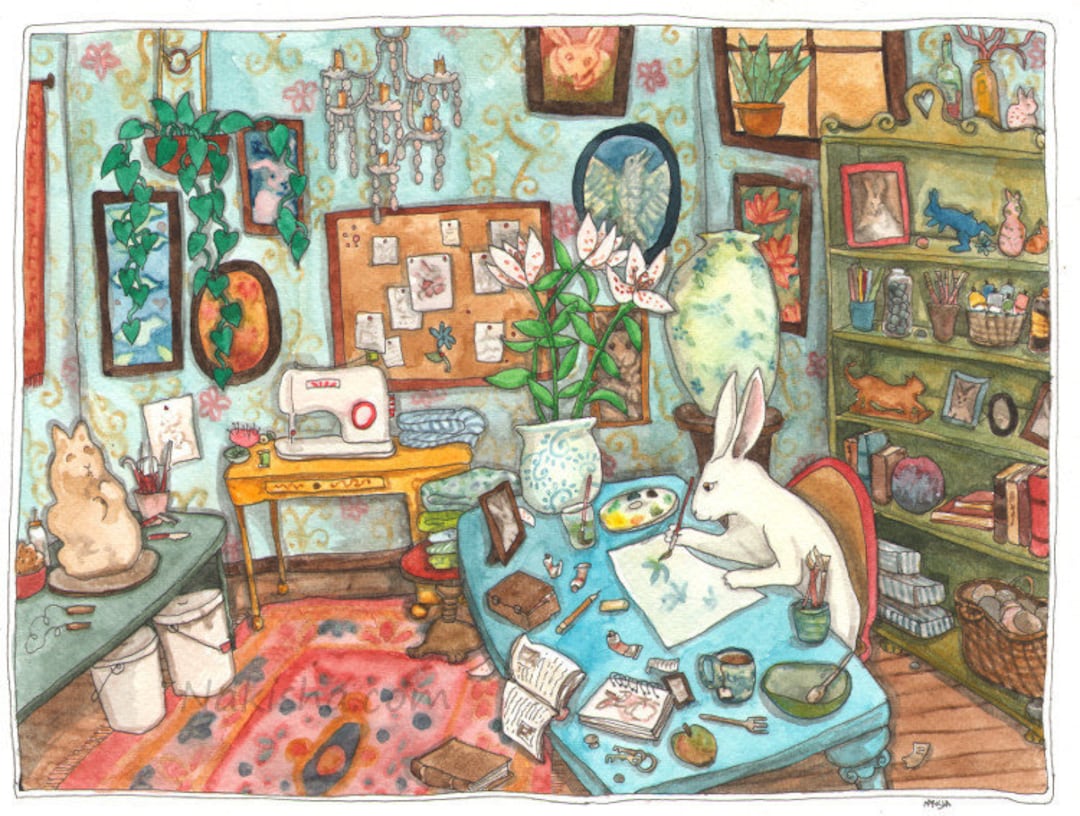 Bunny in the Studio - Fine Art Print - Rabbit Art, Artist Studio ...