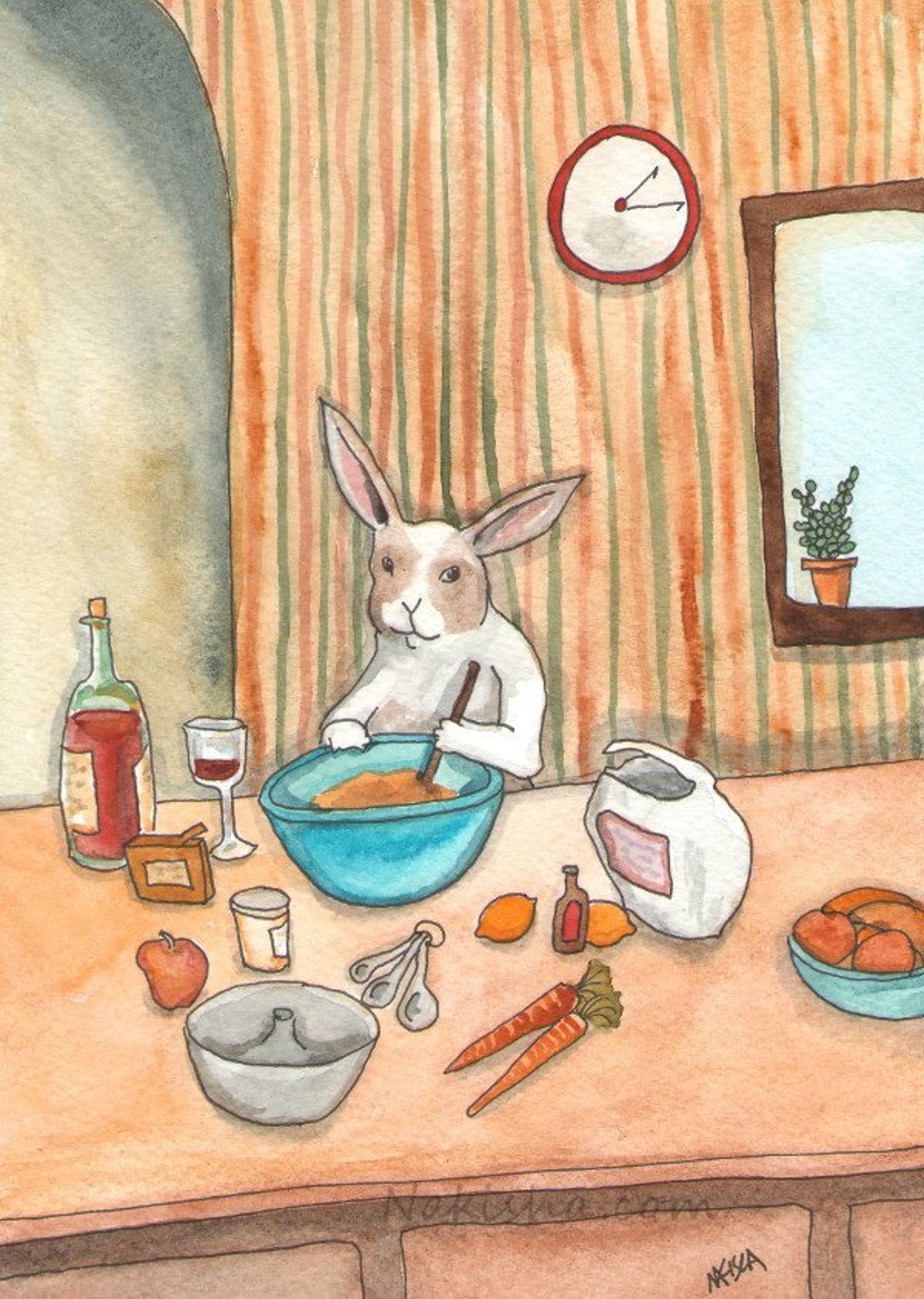 Fine Art Rabbit Print- Baking Bunny, Kitchen Wal Art, Gift for Baker, Cute Bunny Mixing Batter ...