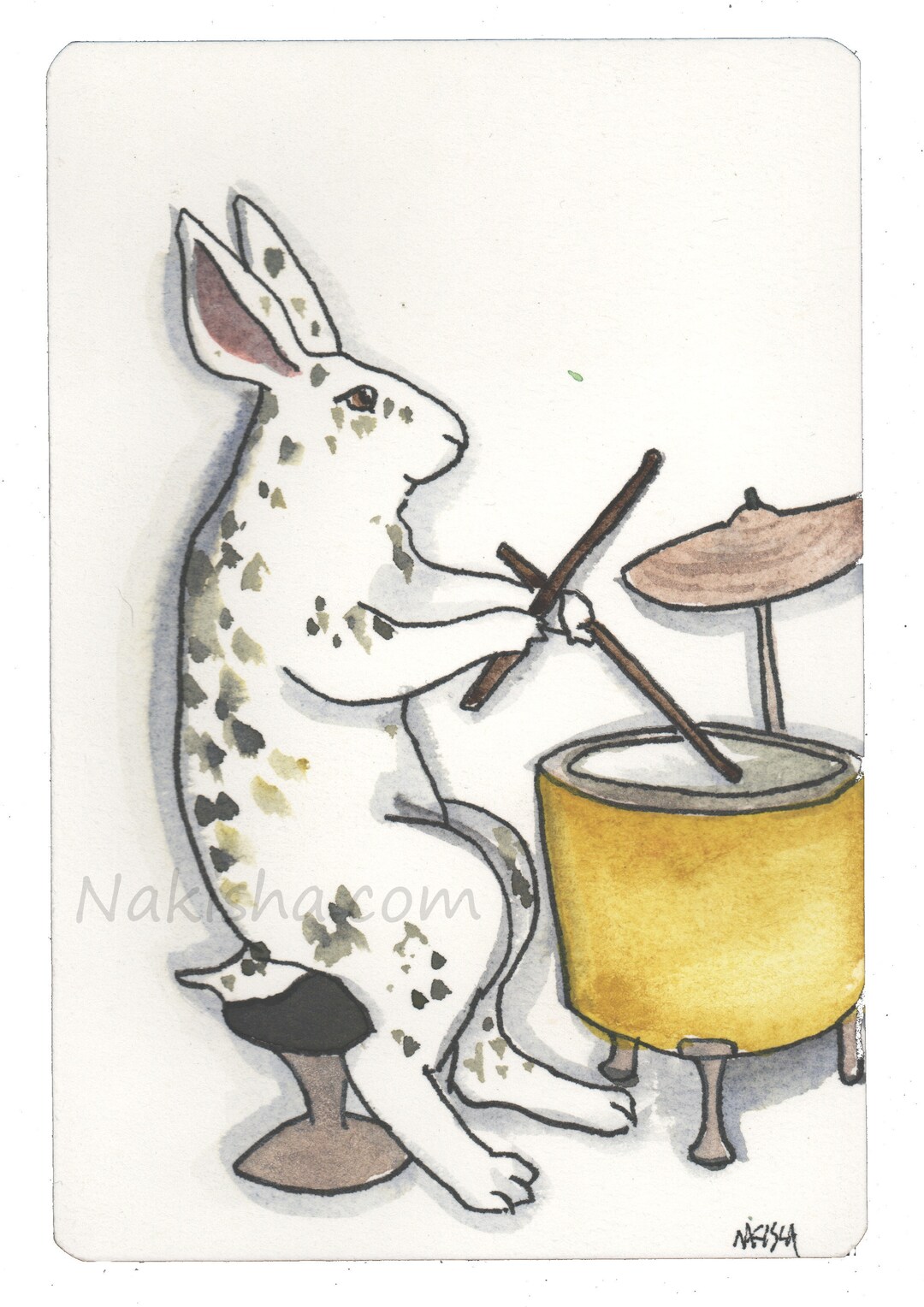 Original Painting - Drummer Bunny - Watercolor Animal Art, Hand Painted ...