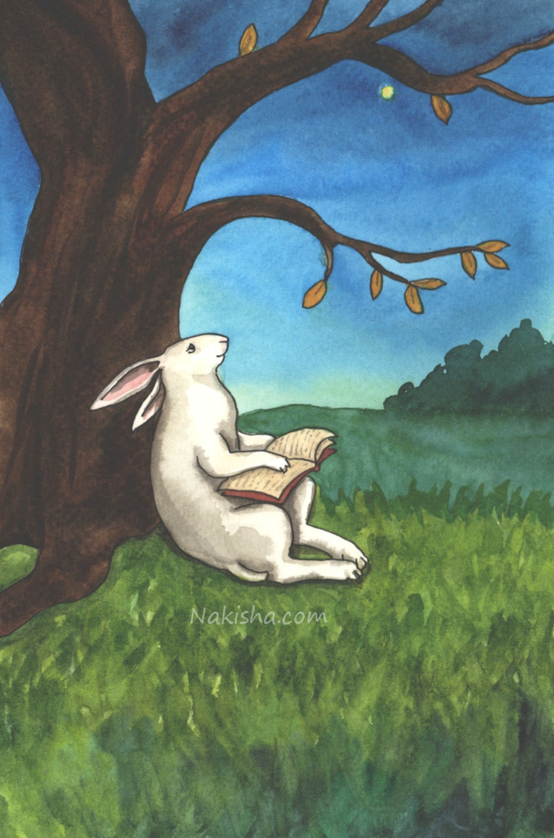 Fine Art Rabbit Print - Tree - Bunny Reading a Book Watercolor ...