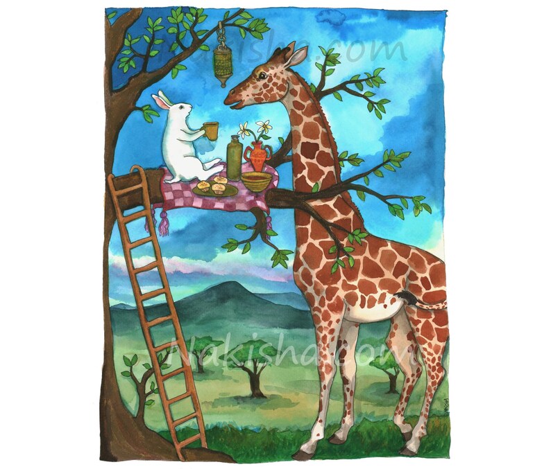 Original Painting - Tea With Giraffe - Watercolor Art, Original Hand ...