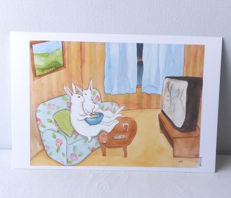 Our TV Movie Night - Fine Art Print - Cute Rabbits Watching a Movie on ...