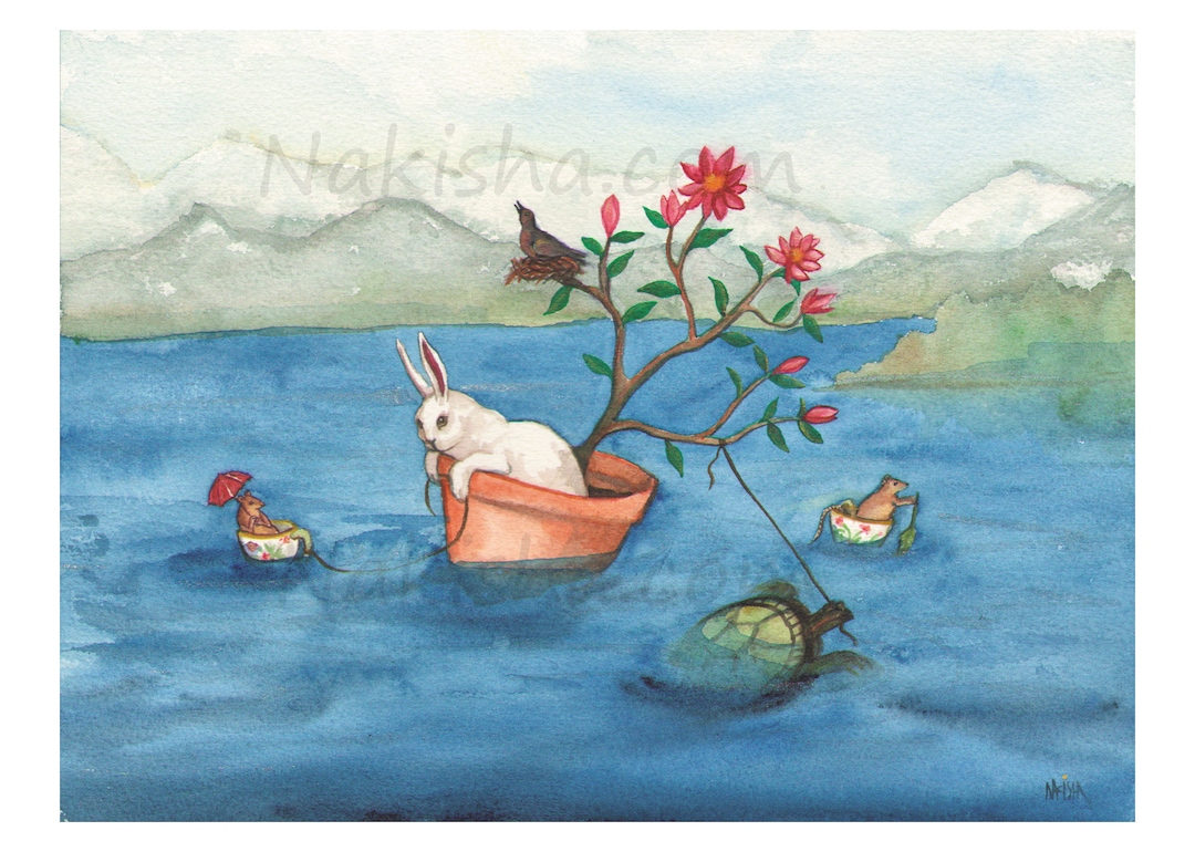 Fine Art Rabbit Print- Crossing the Lake - Large Size- Dream Like ...