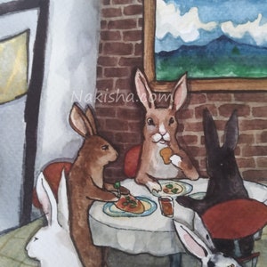 At the Restaurant - Fine Art Print - Rabbit Art Illustration, Cafe Art ...