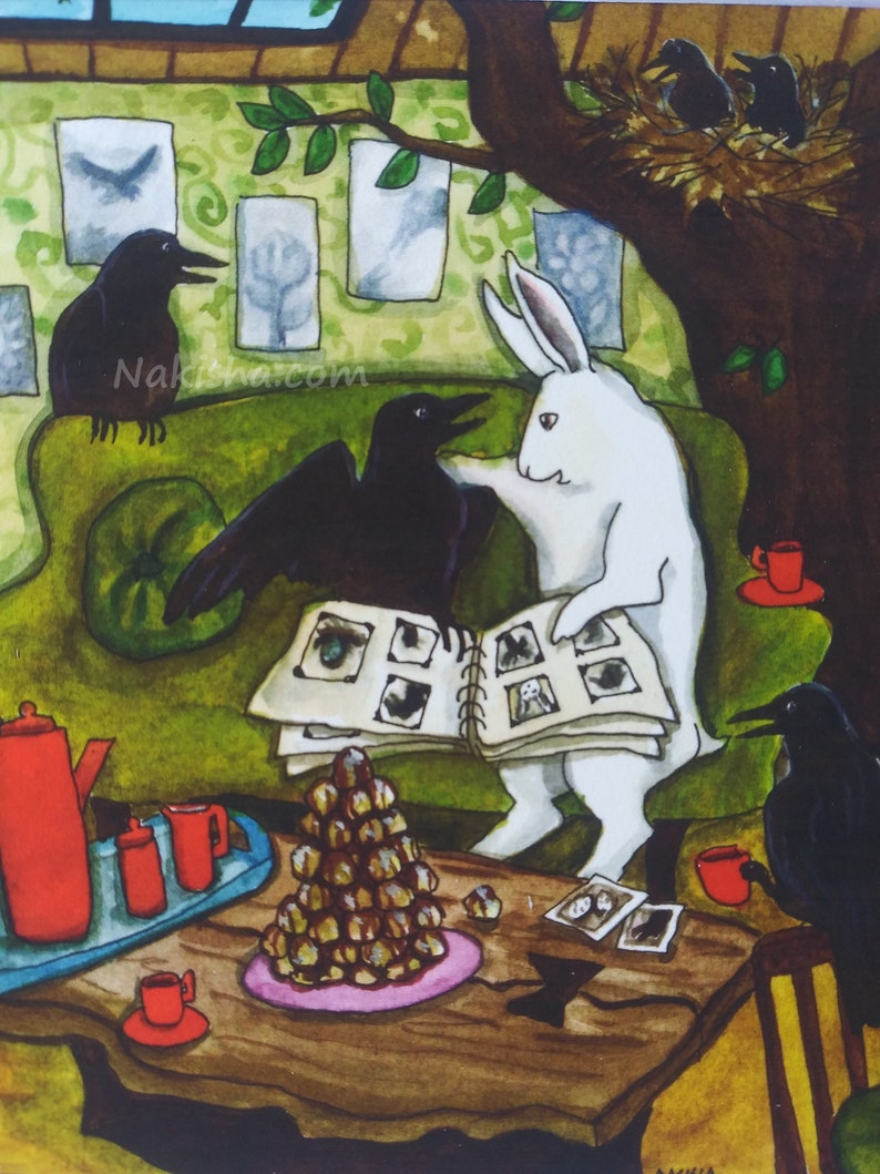 Tea With Crows - Fine Art Print - Rabbit Art Illustration, Cute Crow ...