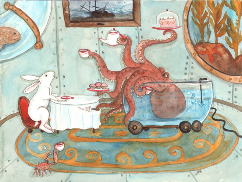 Tea With Octopus Fine Art Rabbit Print - Etsy