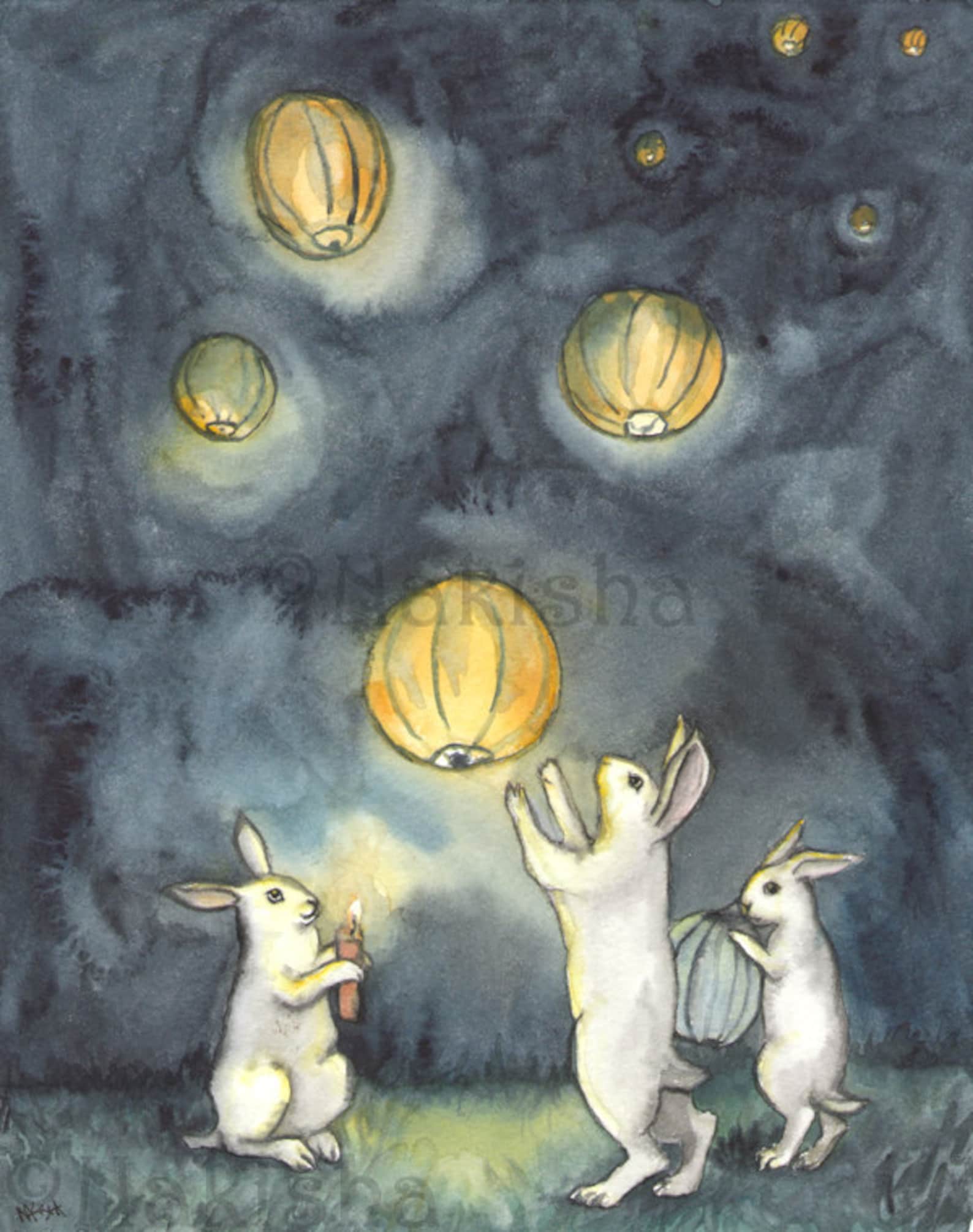 Lighting the Sky Lanterns - Fine Art Rabbit Print, Woodland Wall Art ...