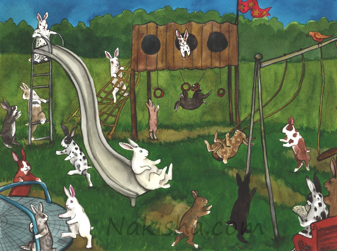 Play Ground - Fine Art Print - Rabbit Art Illustration, Adorable Bunny ...