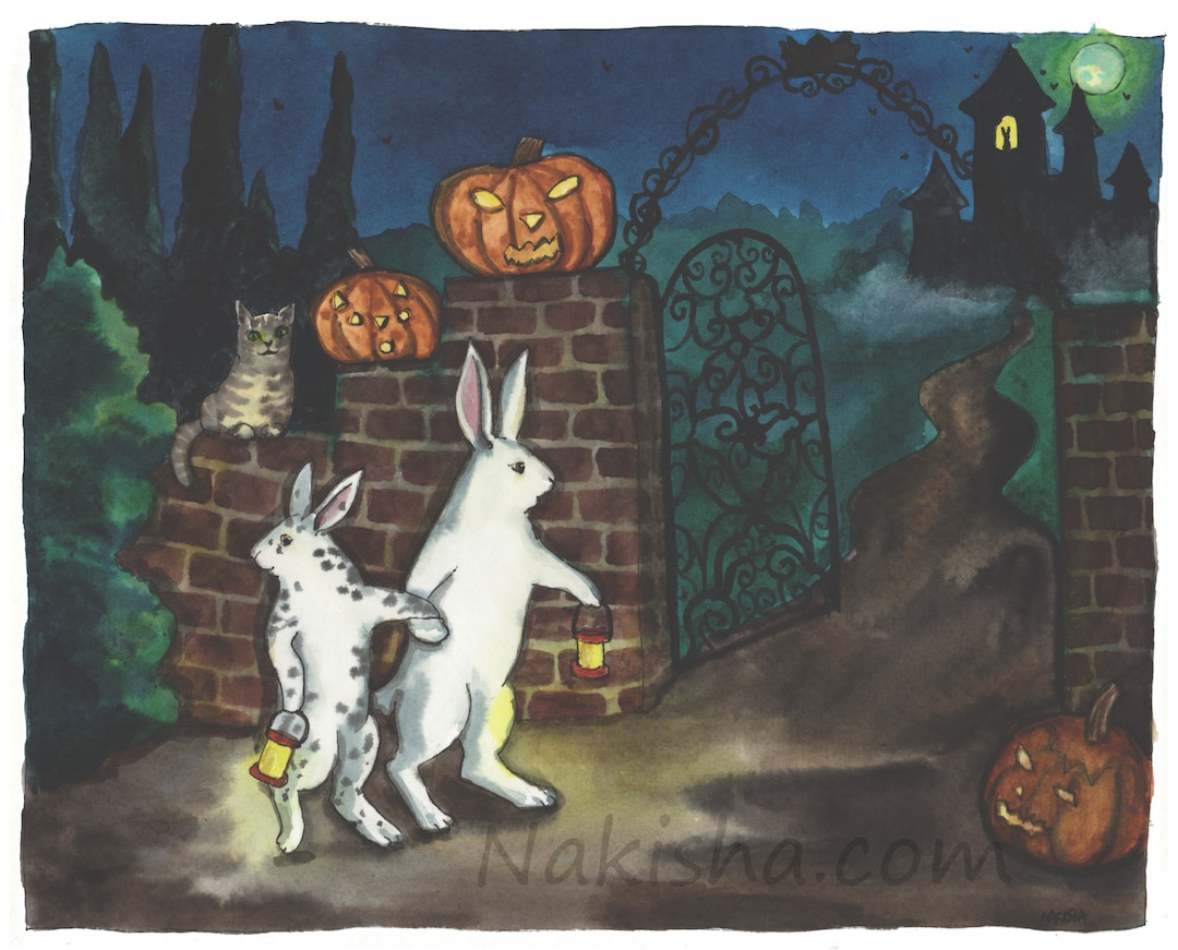 Haunted House - Fine Art Print - Rabbit Art Illustration, Cute Rabbits ...