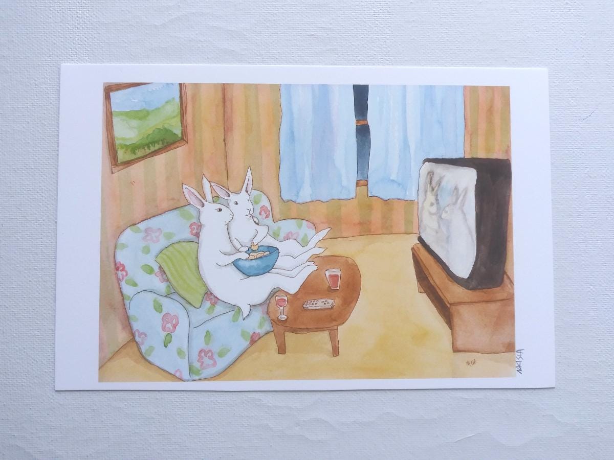 Our TV Movie Night - Fine Art Print - Cute Rabbits Watching a Movie on ...