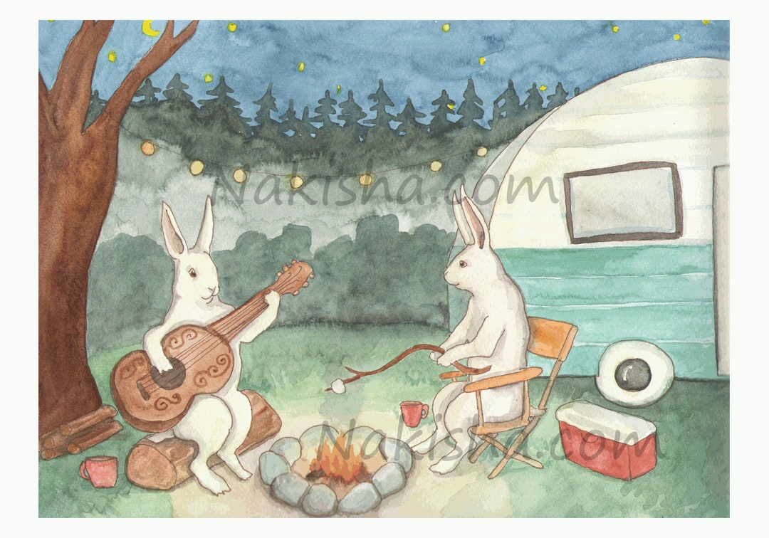 Our Camp - Fine Art Print - Rabbits by Camping Trailer and Camp Fire ...