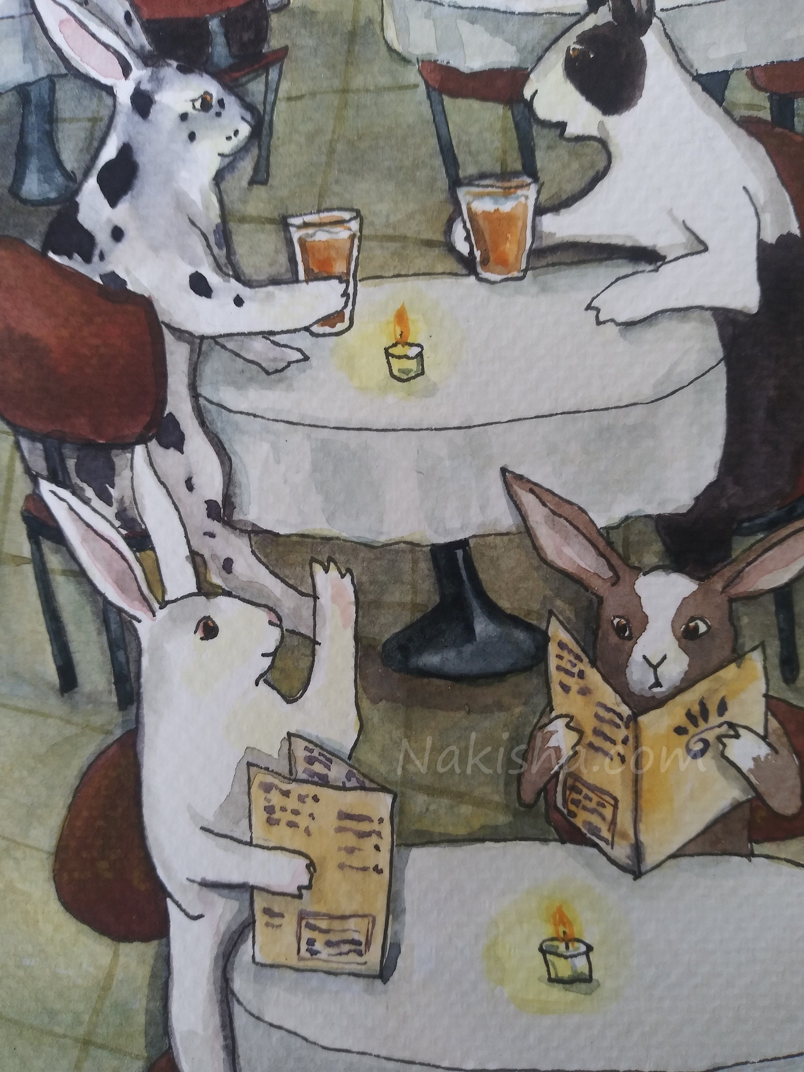At the Restaurant - Fine Art Print - Rabbit Art Illustration, Cafe Art ...