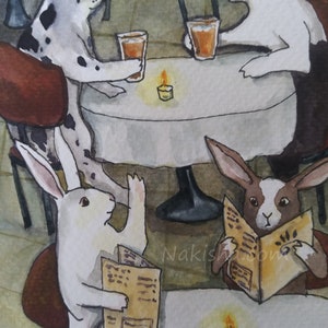 At the Restaurant - Fine Art Print - Rabbit Art Illustration, Cafe Art ...