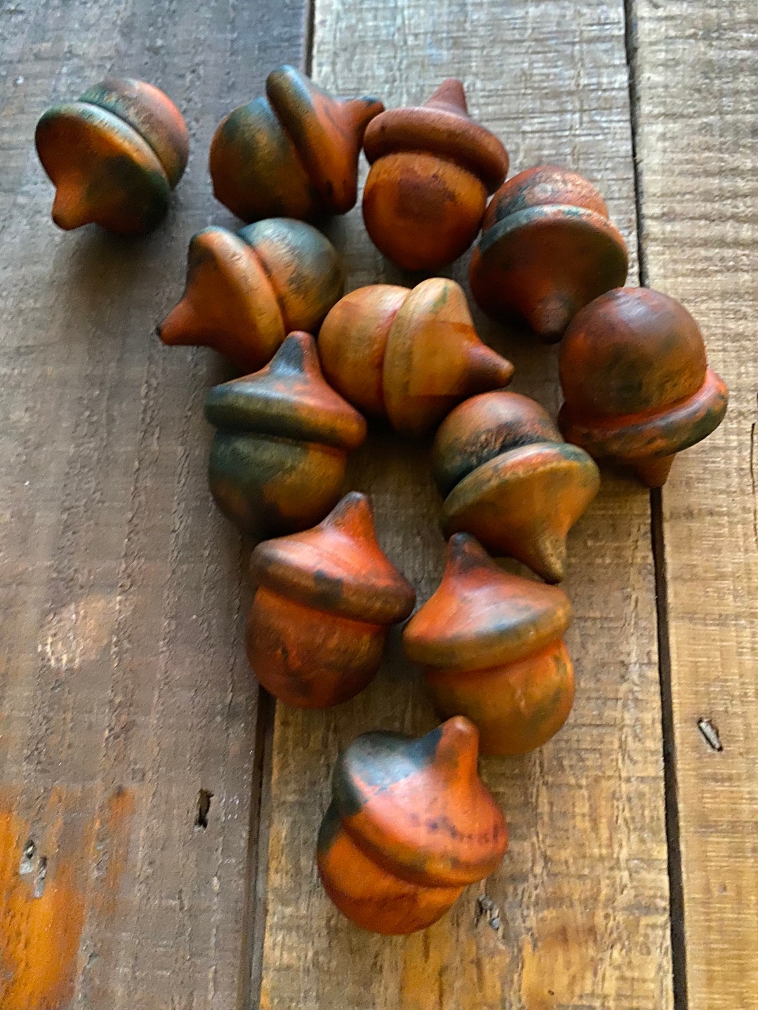 Autumn Wood Acorn Decor Warm Orange Green Earth Tone Lucky Acorns ...