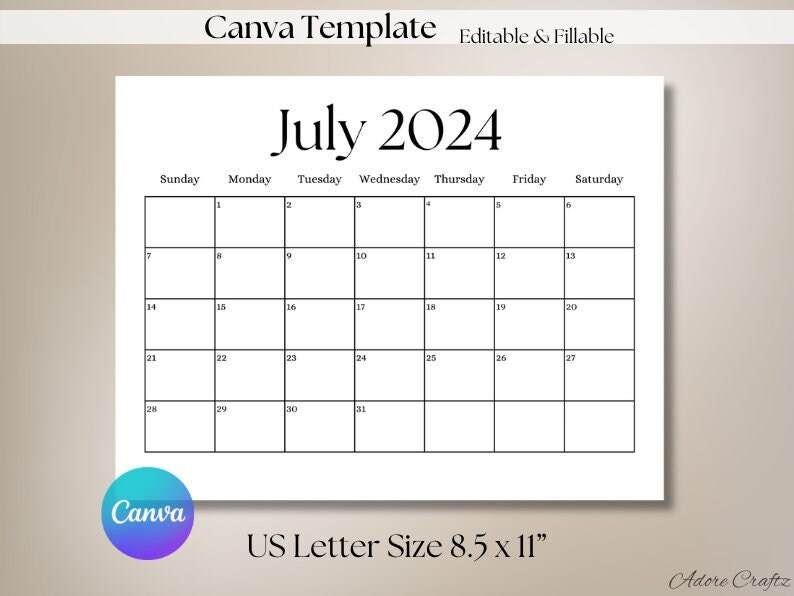 Editable and Printable July 2024 Calendar, Digital Download - Etsy Canada