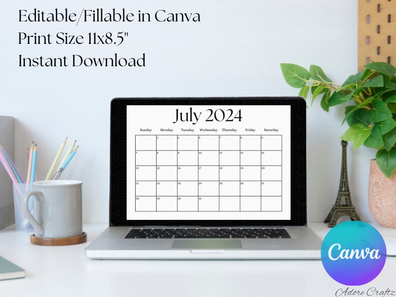 Editable and Printable July 2024 Calendar, Digital Download - Etsy