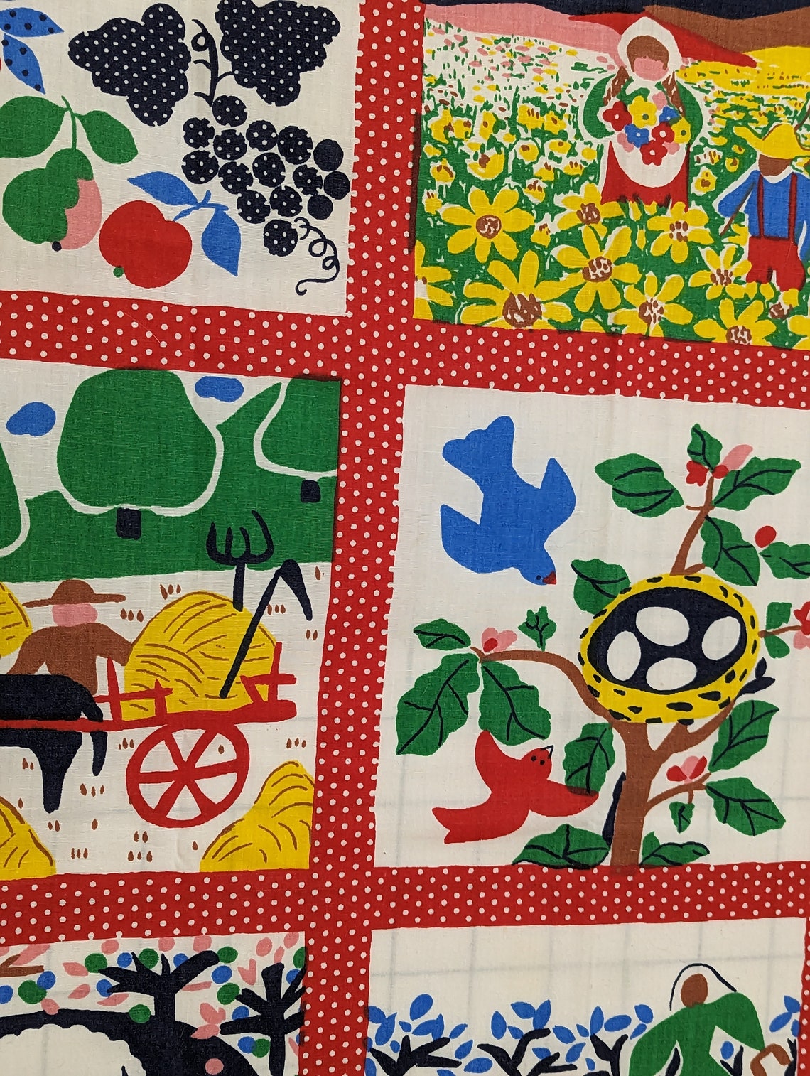 Folk Art Quilt Cheater Vintage Fabric Bright Color Animal Print - Etsy