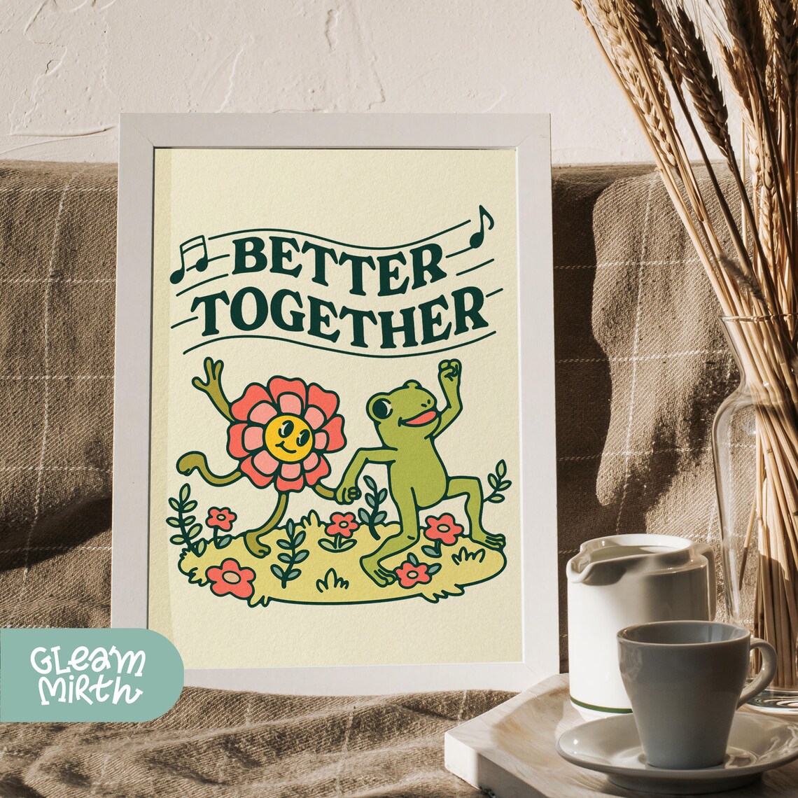 Inspirational Poster, Better Together Quote, Frog Print Art, Retro ...