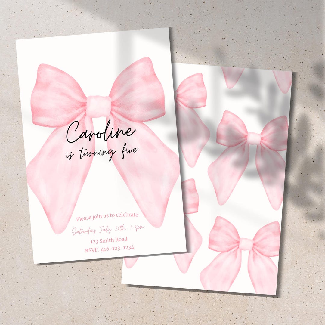 Pink Ribbon Bow Coquette Themed Kids Birthday Party Invitation Editable ...