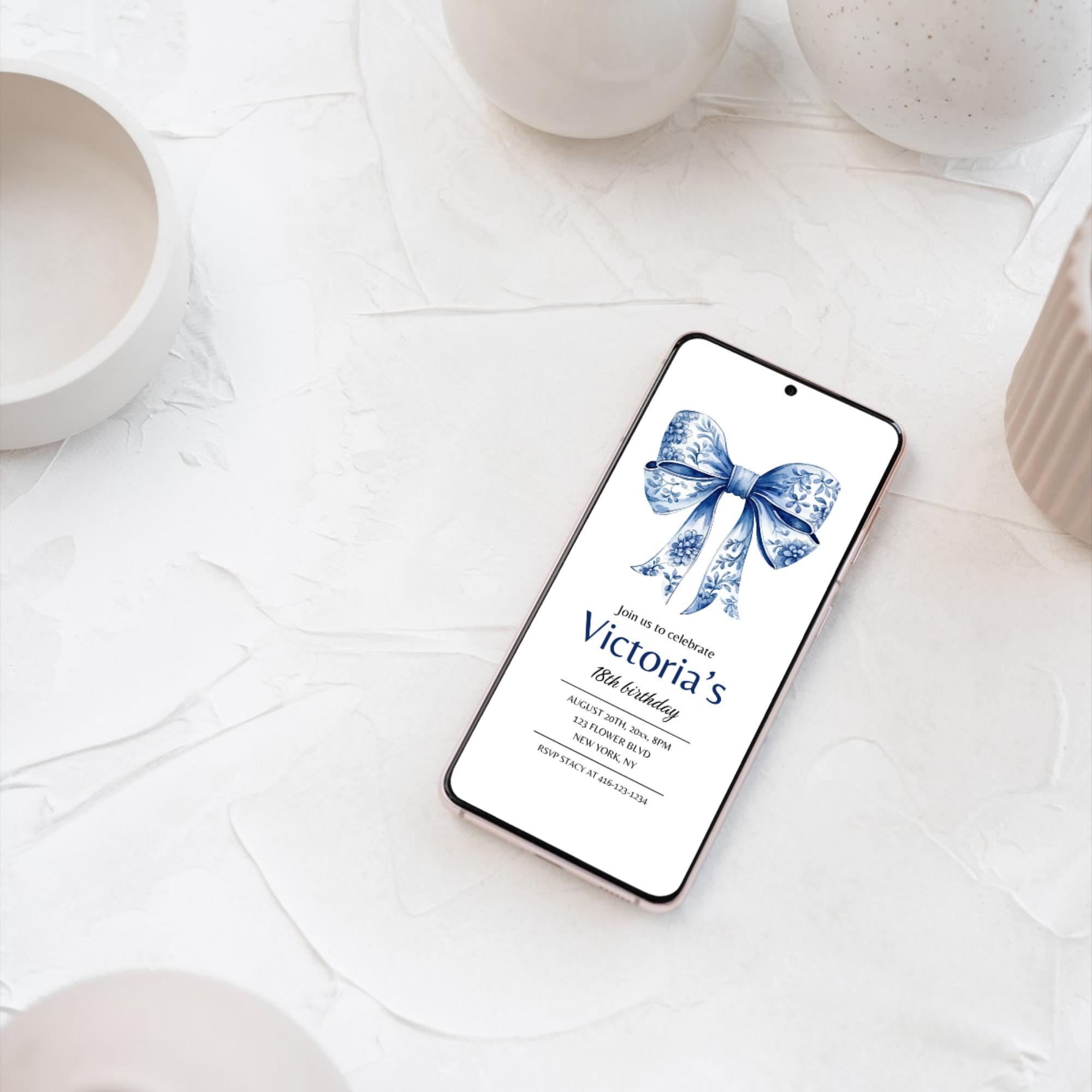 Blue Bow Birthday Invitation Template, Blue Chinoiserie Birthday ...