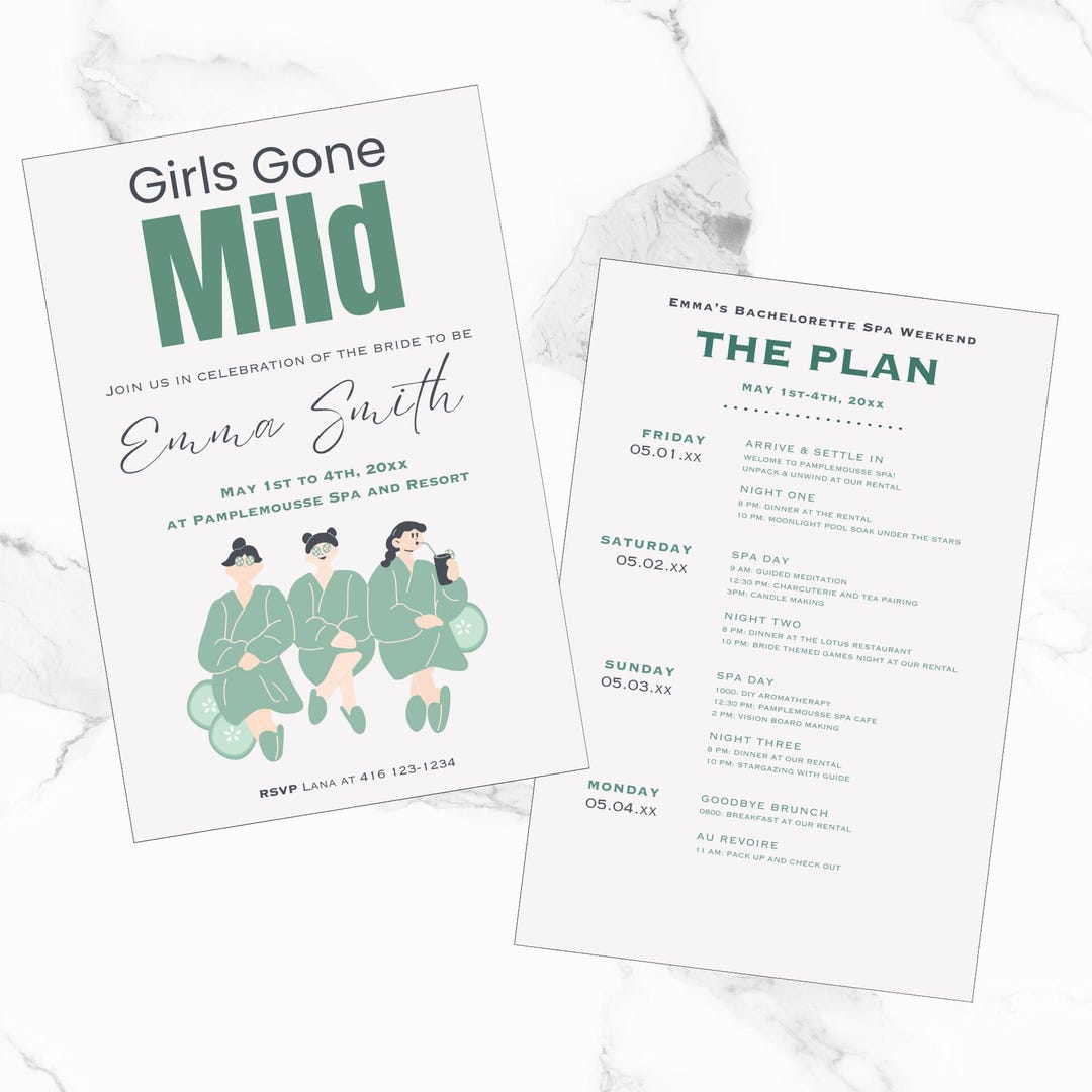 Girls Gone Mild Bachelorette Itinerary Invitation, Spa Weekend, Spa ...